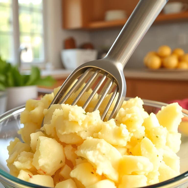 Potatoes Being Mashed in a Large Bowl with a Hand Masher Set Against a ...