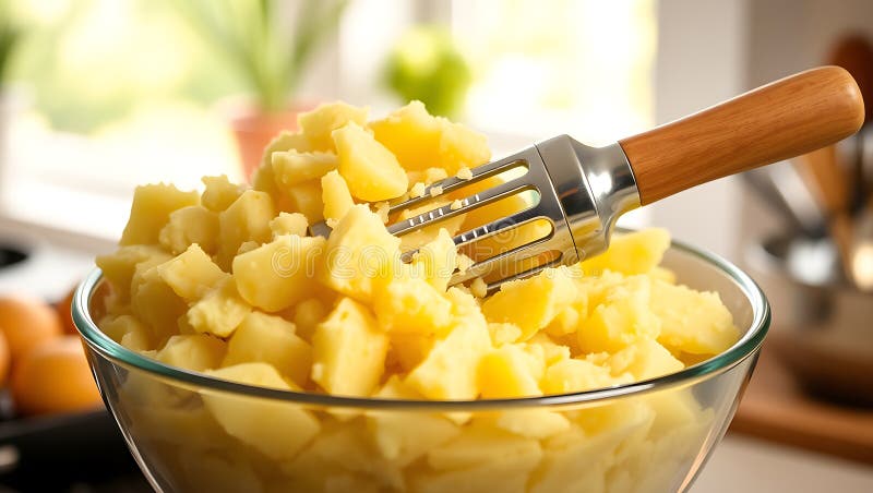 Potatoes Being Mashed in a Large Bowl with a Hand Masher Set Against a ...