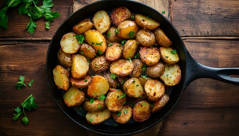 Potatoes Fried in a Pan, Rustic Style, Horizontal View from Above Stock ...
