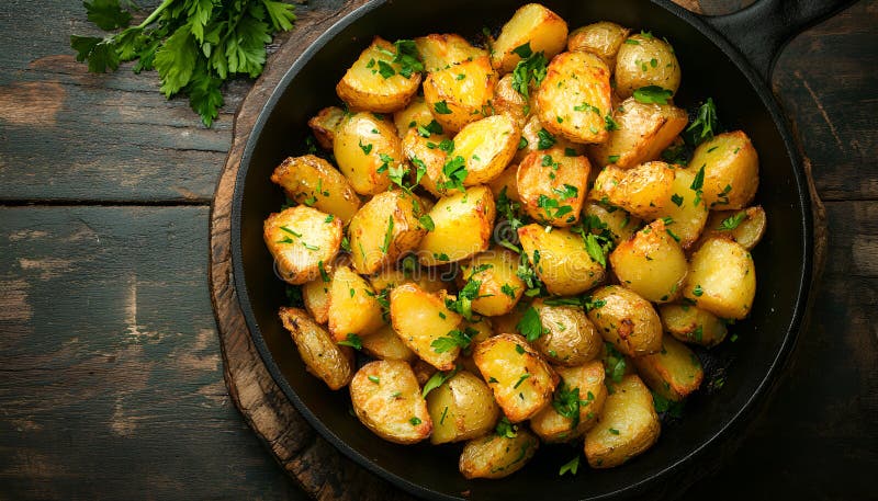 Potatoes Fried in a Pan, Rustic Style, Horizontal View from Above Stock ...