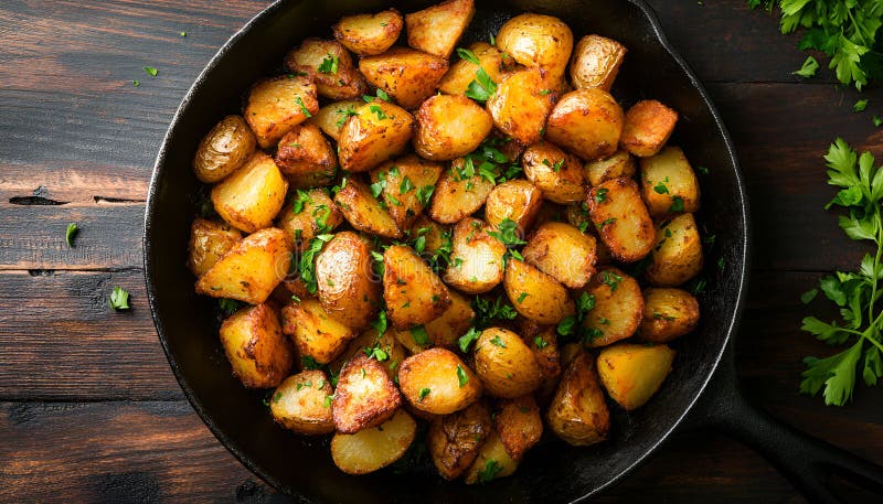 Potatoes Fried in a Pan, Rustic Style, Horizontal View from Above Stock ...