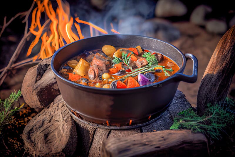 Potatoes and Meat Cooked on an Open Fire in Nature. Generative AI ...