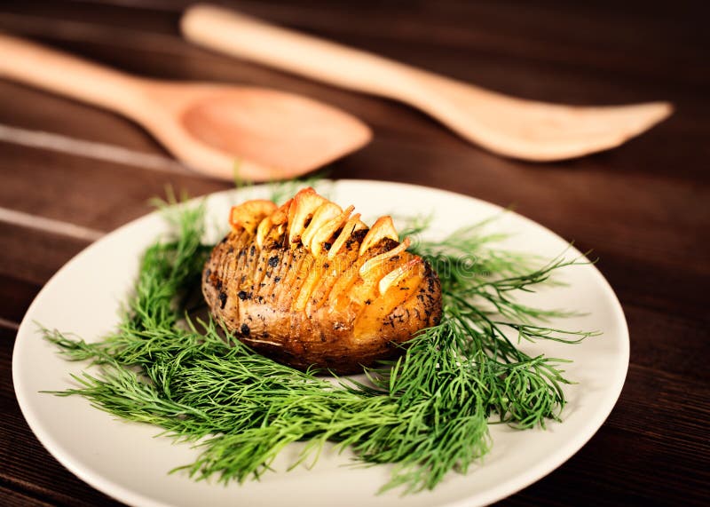 Potatoes are Served on Dish with Basil Sauce and Fennel Stock Image ...