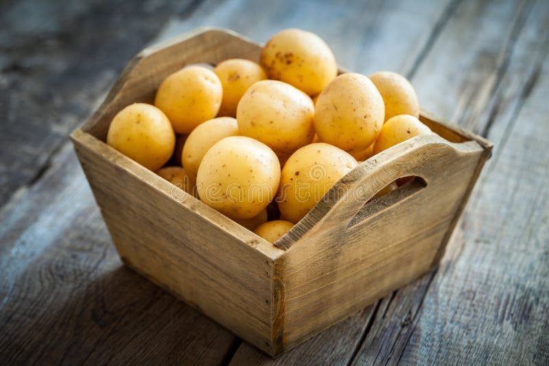 Potatoes in Wooden Box on Table. Stock Image - Image of harvest, tuber ...
