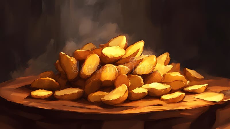 Potatoes on a Wooden Plate, 3d Rendering. Computer Digital Drawing ...