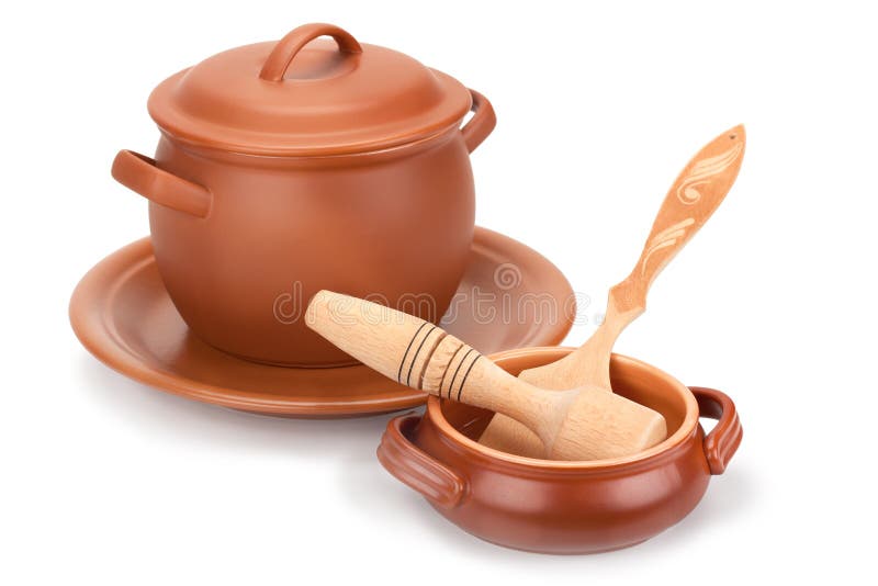 Potes De Arcilla, Utensilios De Madera Y Una Placa De Foto de archivo ...