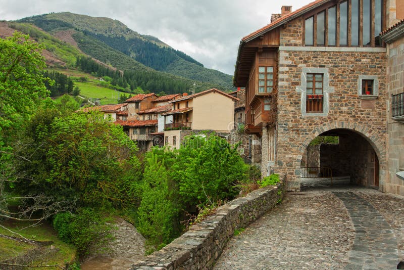 The Town of Potes at a Sunny Morning on a Background of Mountains ...