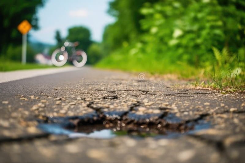 Pothole on a Bike Path with a Blurred Nature Background Stock ...
