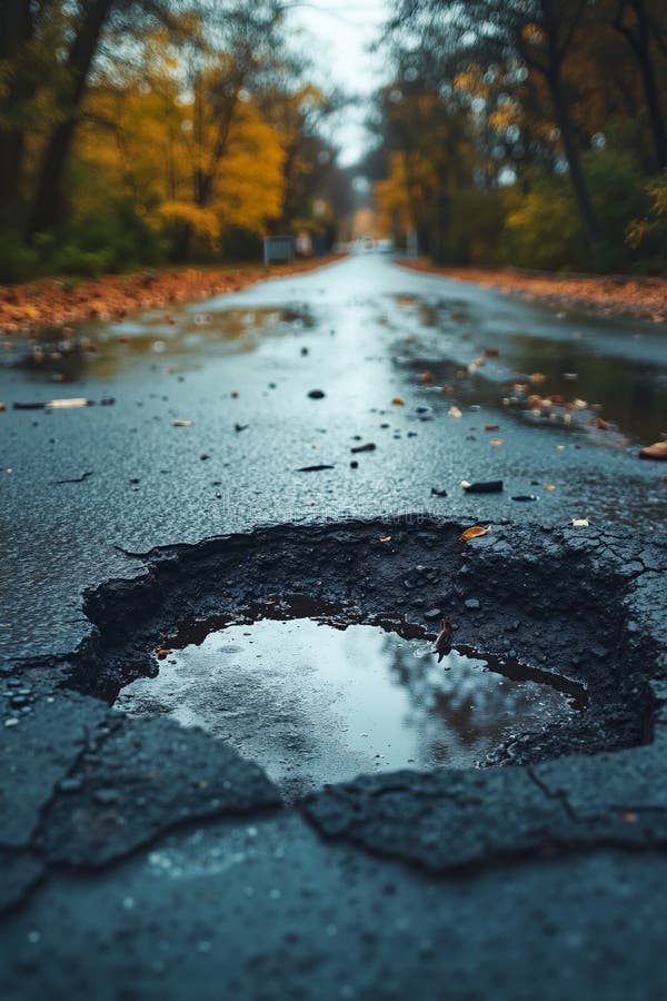 A Pothole in the Middle of a Road in the Rain Stock Photo - Image of ...