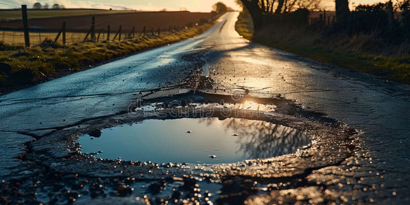 A Pothole on a Road with the Sun Shining through Stock Image - Image of ...