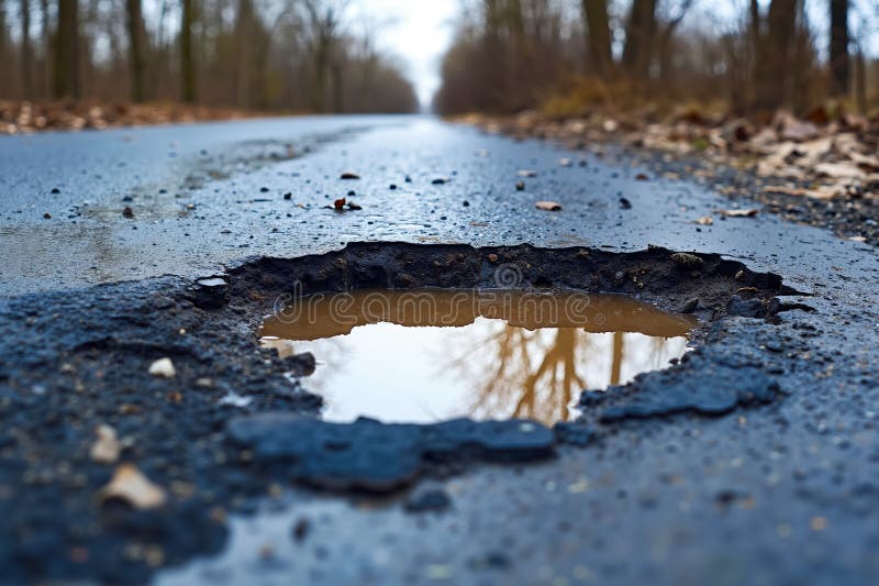 A Pothole on the Side of a Road with a Reflection of a Tree in it Stock ...