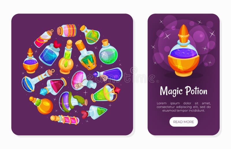 Potion Bottles Banner Design with Magic Liquid in Glass Jar on Purple ...