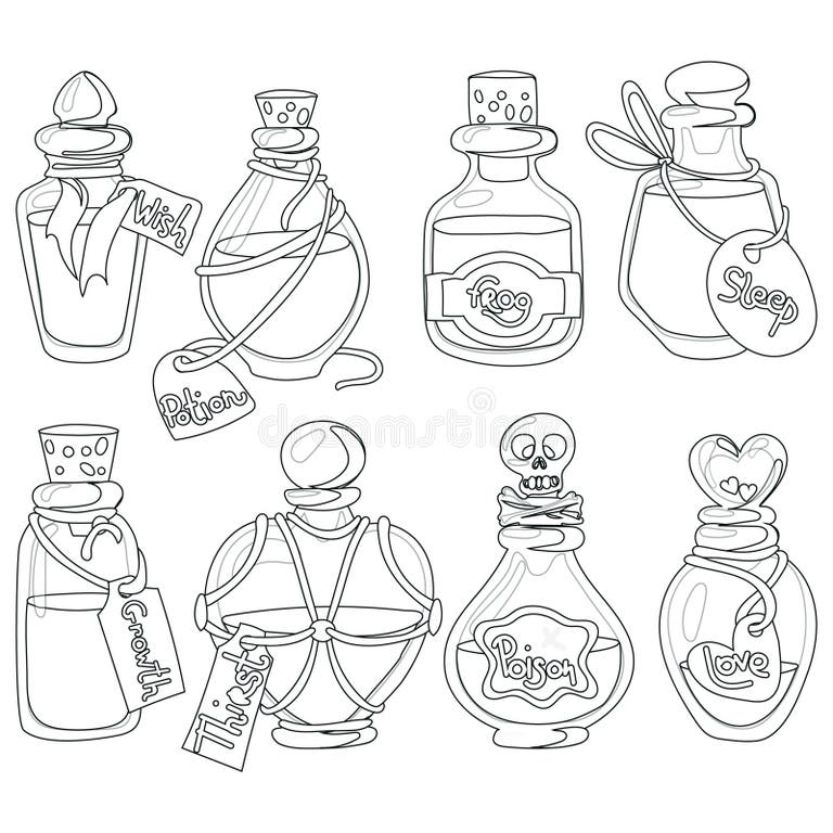 Potion Bottles with Magic Elixir and Tags, Cartoon Glass Flasks with ...