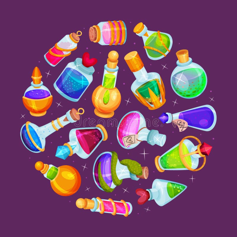 Potion Bottles Round Composition Design with Magic Liquid in Glass Jar ...