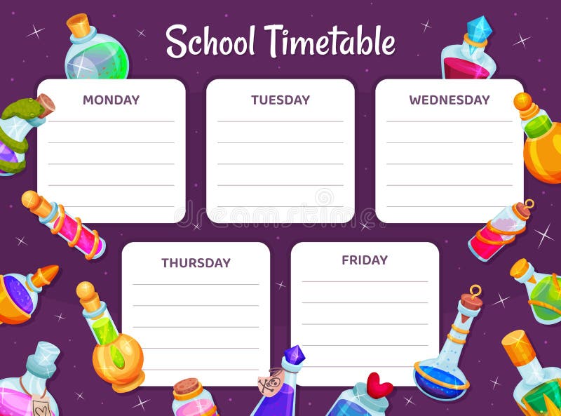 Potion Bottles School Timetable Design with Magic Liquid in Glass Jar ...