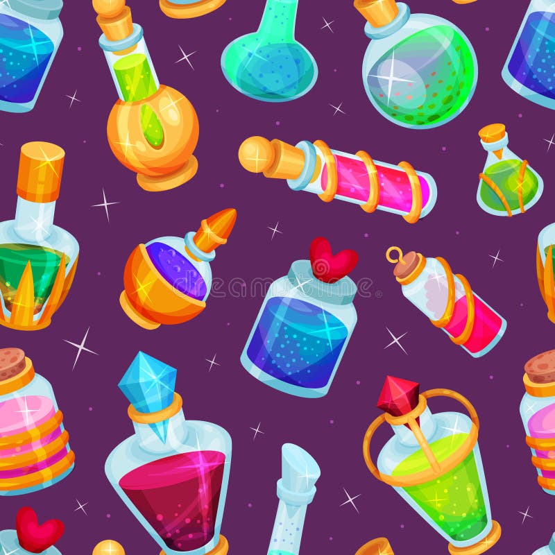 Potion Bottles Seamless Pattern Design with Magic Liquid in Glass Jar ...