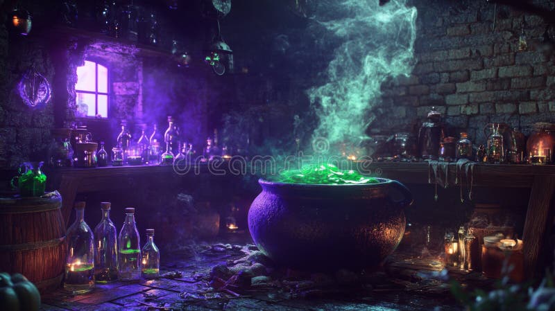 A Potion Brewing in a Dark, Magical Workshop Stock Illustration ...