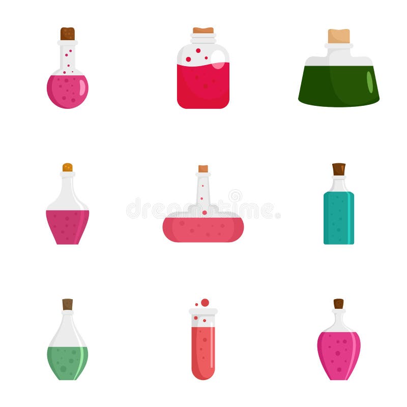 Potion Magic Bottle Icon Set, Flat Style Stock Vector - Illustration of ...