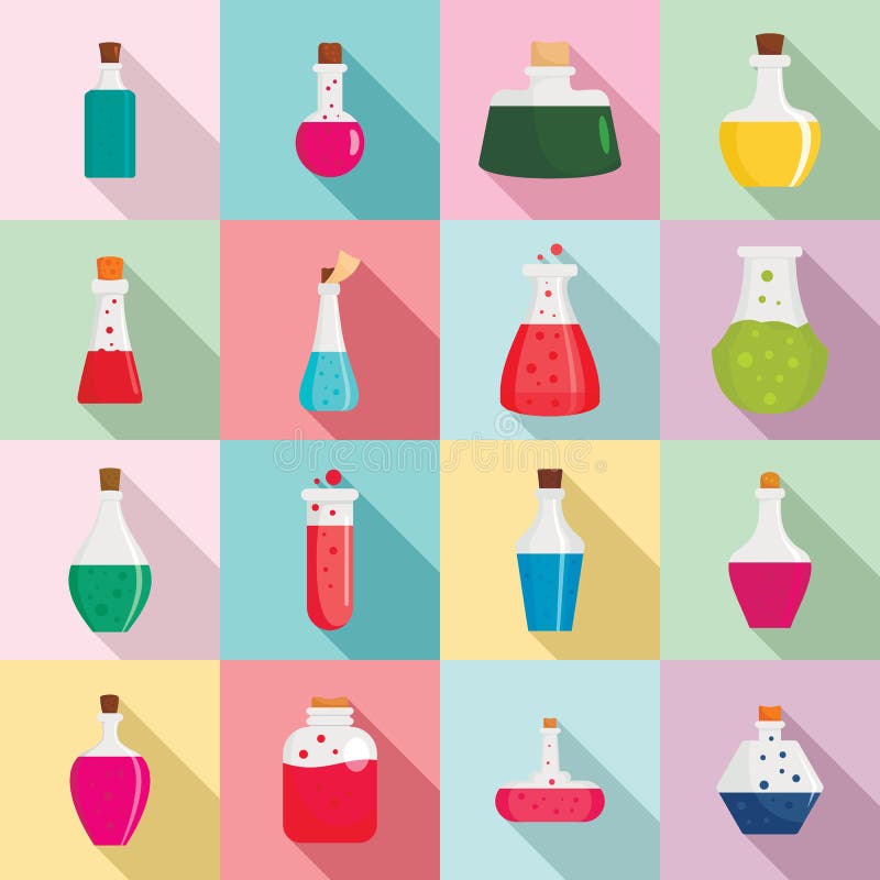 Potion Magic Bottle Icons Set, Flat Style Stock Vector - Illustration ...