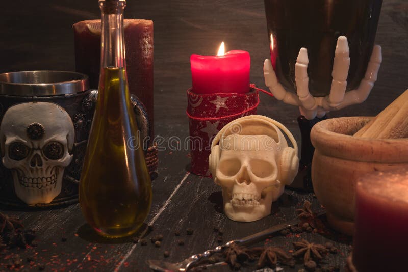 Potion of Natural Herbs for Black Magic with Candles Stock Image ...