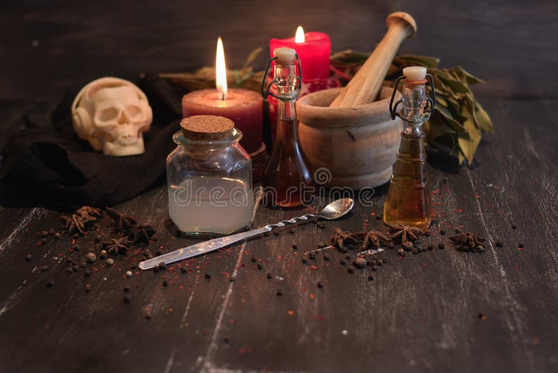 Potion of Natural Herbs for Black Magic with Candles Stock Photo ...