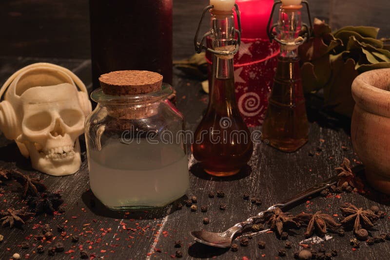 Potion of Natural Herbs for Black Magic with Candles Stock Image ...