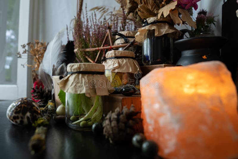 Potions in Glass Jars. Magic Items Scene Stock Photo - Image of table ...