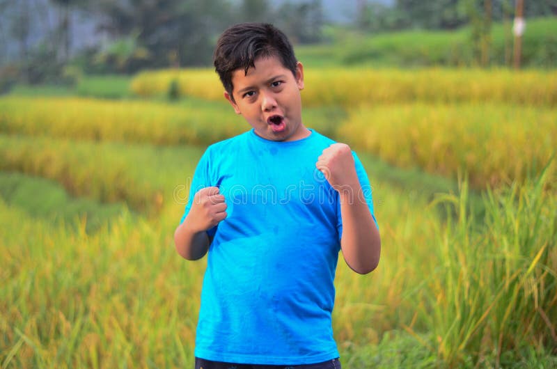 Potrait of Handsome Asian Boy with Happy Victory in the Rice Field ...
