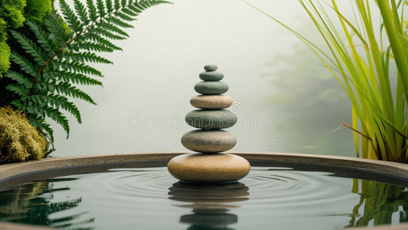 Zen Stone Stack by Tranquil Water Pool with Lush Greenery. Stock ...