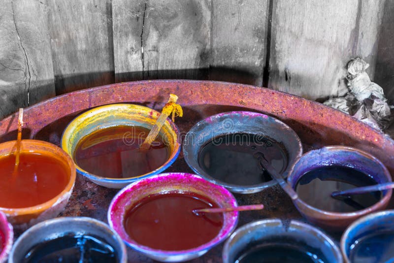 Pots of Colored Die with Stirrers Stock Photo - Image of asia, vibrant ...
