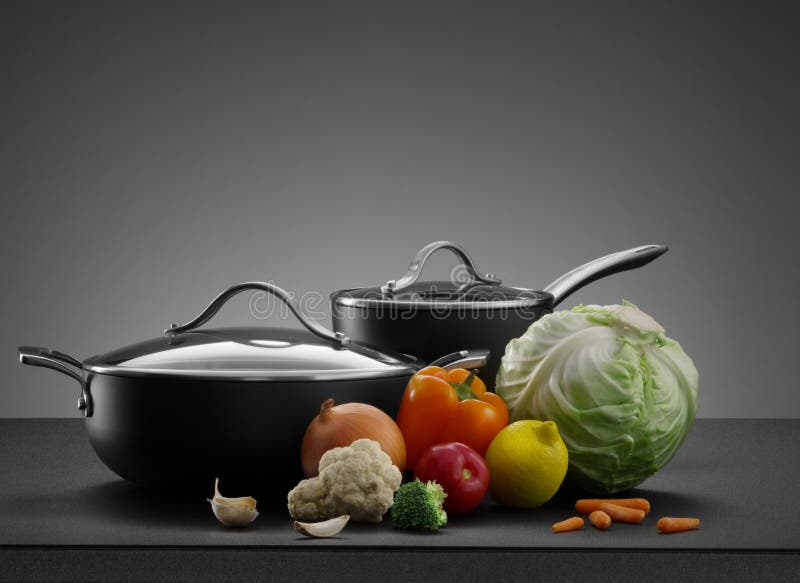 Pots on grey stock image. Image of calories, cookware - 72741145