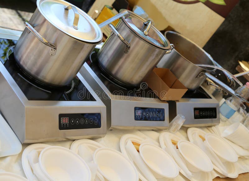 Pots in the Kitchen with Plastic Dishes Stock Image - Image of catering ...