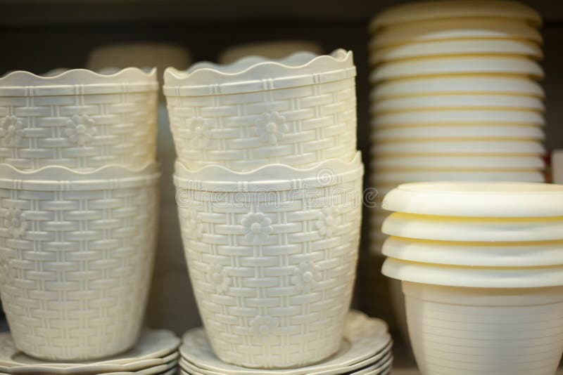 Pots for Plants. Garden Pots Stand in Stack on Counter Stock Image ...