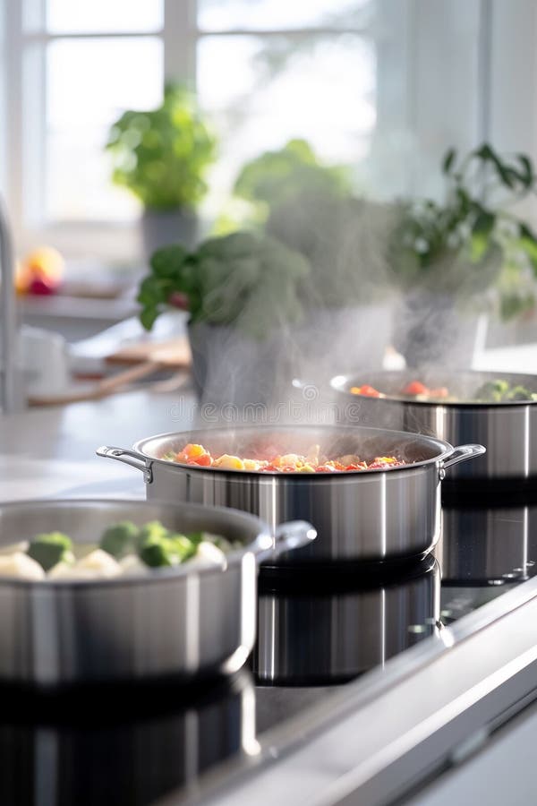 Pots of Simmering Food in a Bright Modern Kitchen. AI Generative Stock ...