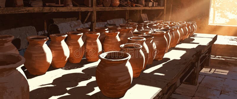 Pots Under Sharp Sunlit Shadows in a Pottery Workshop, Useful for ...
