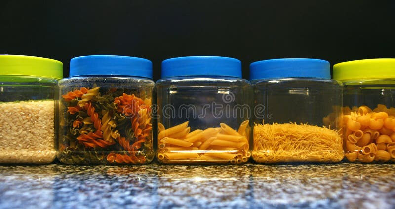 Pots of varied pasta stock image. Image of plastic, kitchen - 45237171