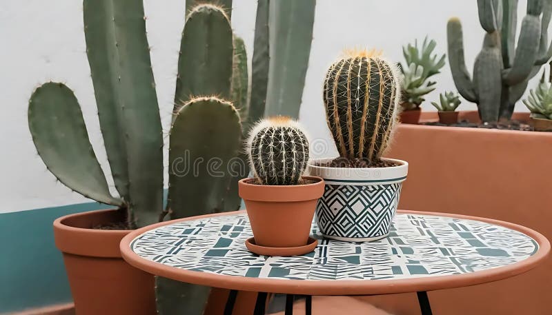 Potted Cacti on Patterned Table in Garden Setting Decorating Ideas ...