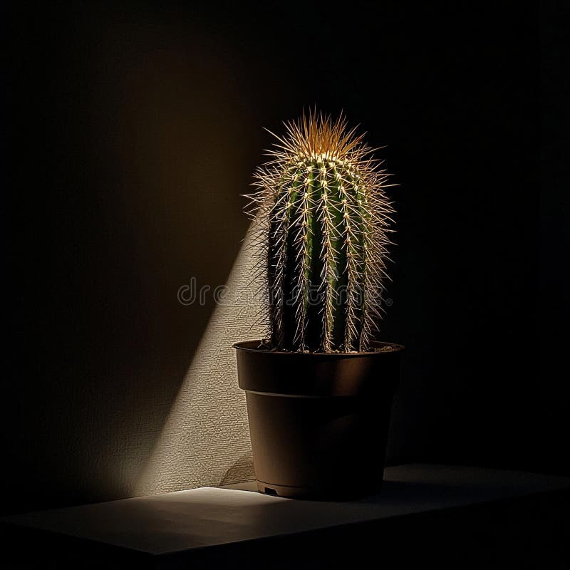 Potted Cactus Under Light, Casting Shadow on the Wall, Striking Desert ...