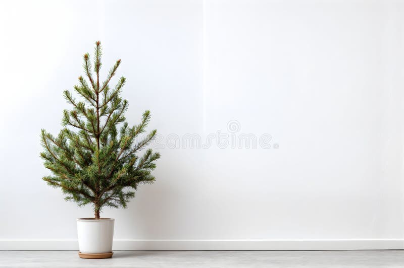 Potted Evergreen Tree Placed in Minimalist Indoor Setting with White ...