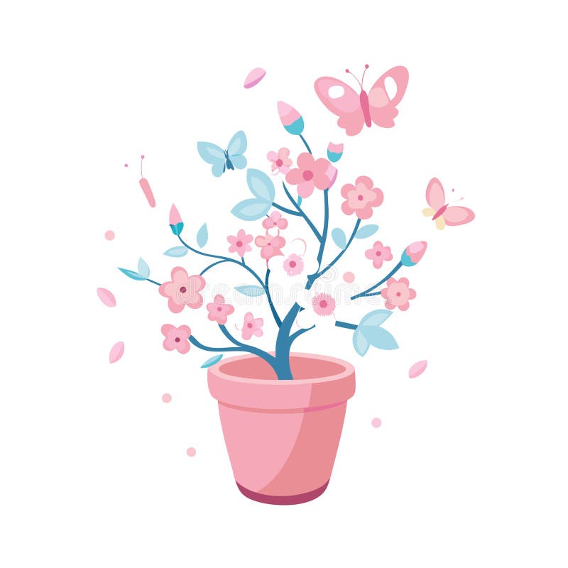 Potted Flowering Tree with Butterflies: Vector Illustration for ...