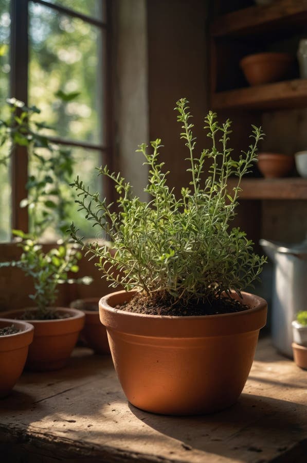 Sunlit Herb Plant in Terracotta Pot on Wooden Table Stock Illustration - Illustration of decor ...