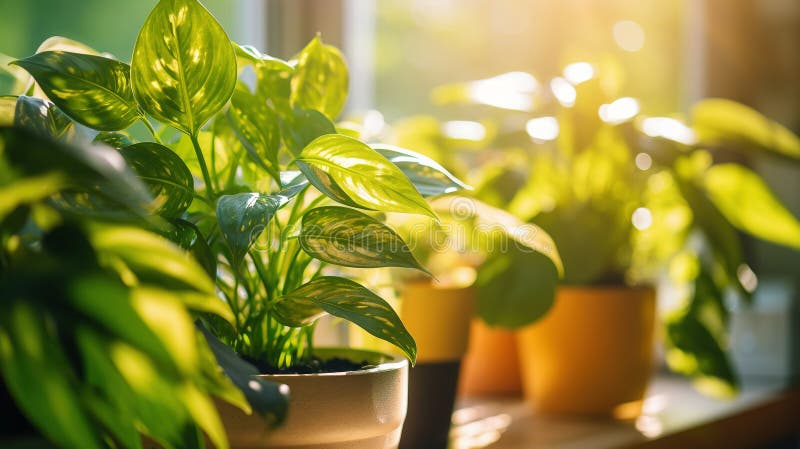 Potted Houseplants with Green Leaves on Window Sill Stock Image - Image ...