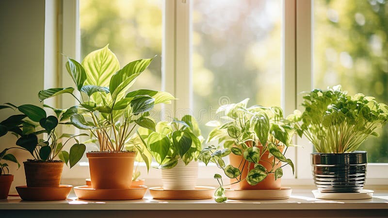 Potted Houseplants with Green Leaves on Window Sill Stock Image - Image ...