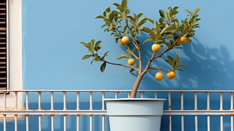 A Potted Lemon Tree Sitting in Front of a Blue Wall. Generative AI ...