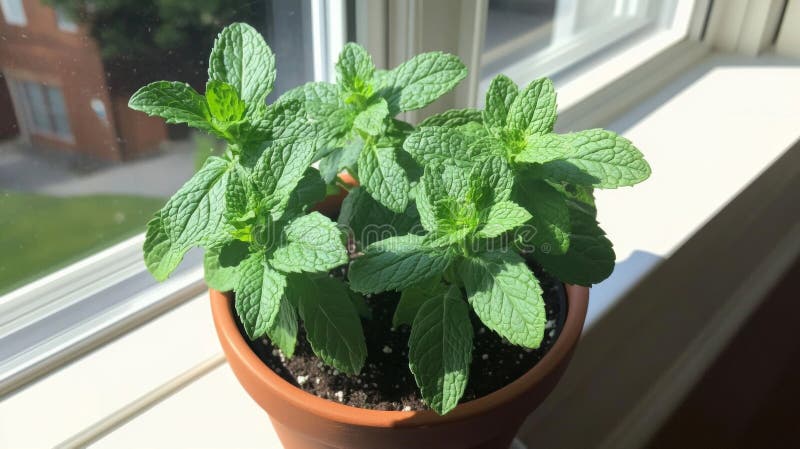 Potted Mint Plant in Sunlight on Windowsill Stock Illustration ...