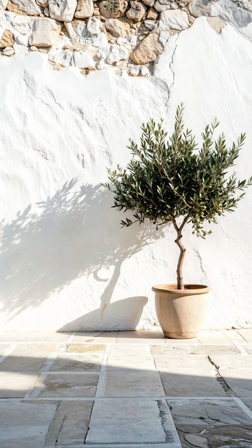 Potted Olive Tree Casting Shadow on Whitewashed Mediterranean Stone ...