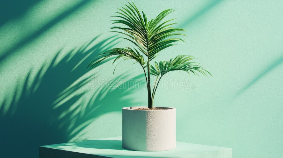Potted Palm Plant Casting Shadow on Mint Green Wall Stock Photo - Image ...