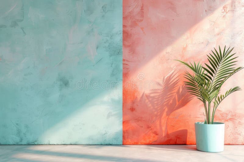 A Potted Palm Tree Stands Against a Wall with Half Turquoise and Half ...