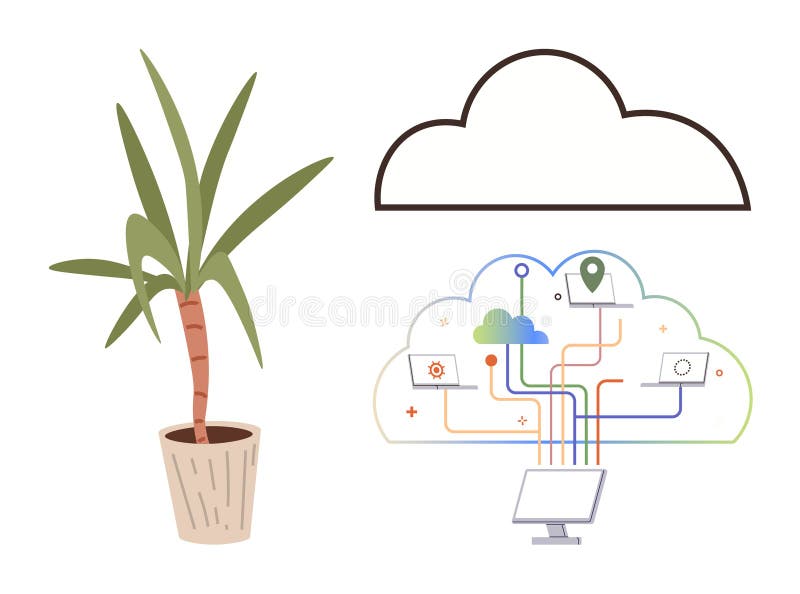 Potted Plant and Cloud Computing Concept with Connected Digital Systems ...