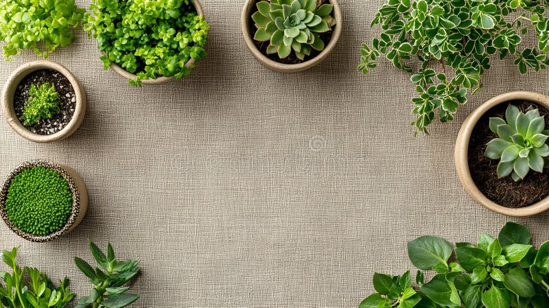 Potted Plants Arranged in a Circular Pattern on a Textured Beige ...